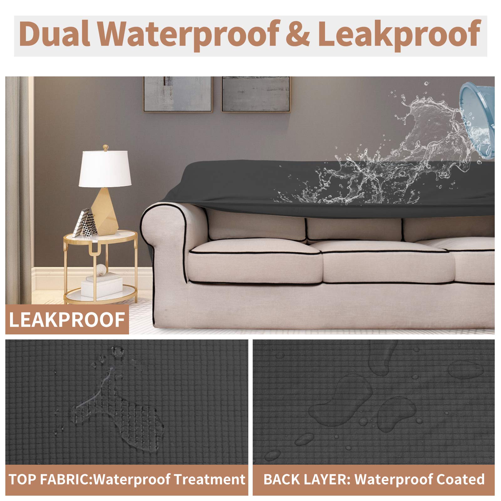 Easy-Going 100% Waterproof Couch Cover, Dual Sofa Stretch Jacquard Slipcover, Leakproof Furniture Protector for Kids, Pets, Dog and Cat (Sofa, Dark Gray)