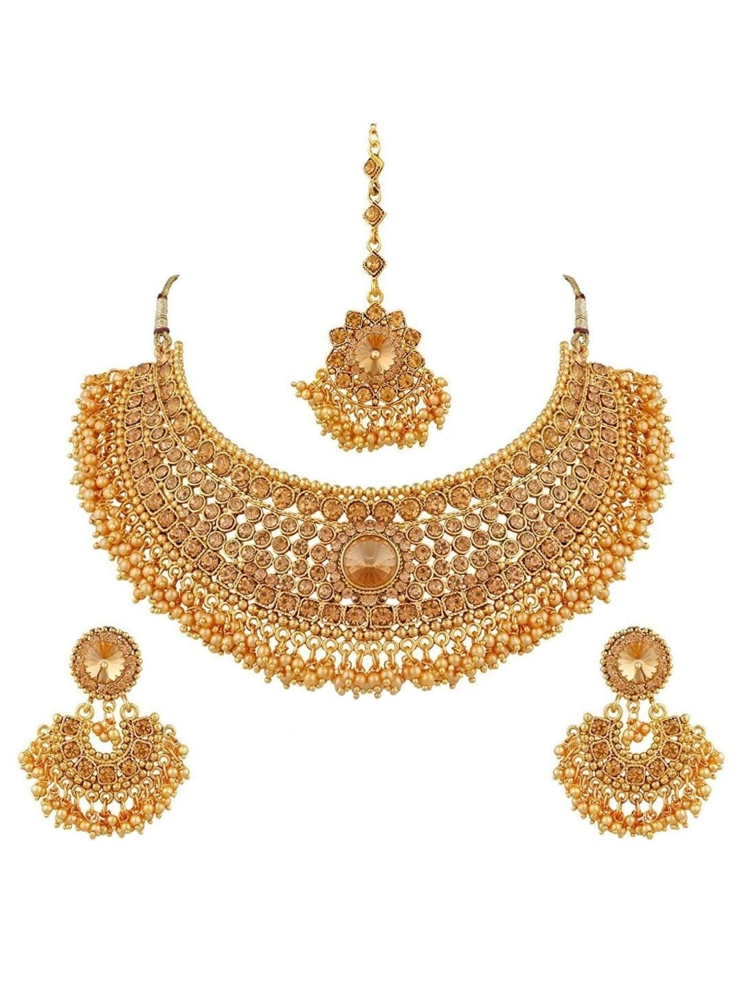 Efulgenz Indian Jewelry Sets for Women Gold Tone Indian Bollywood Traditional Crystal Pearl Wedding Choker Necklace Earrings Maang Tikka Jewelry Set Indian Bridal Jewelry
