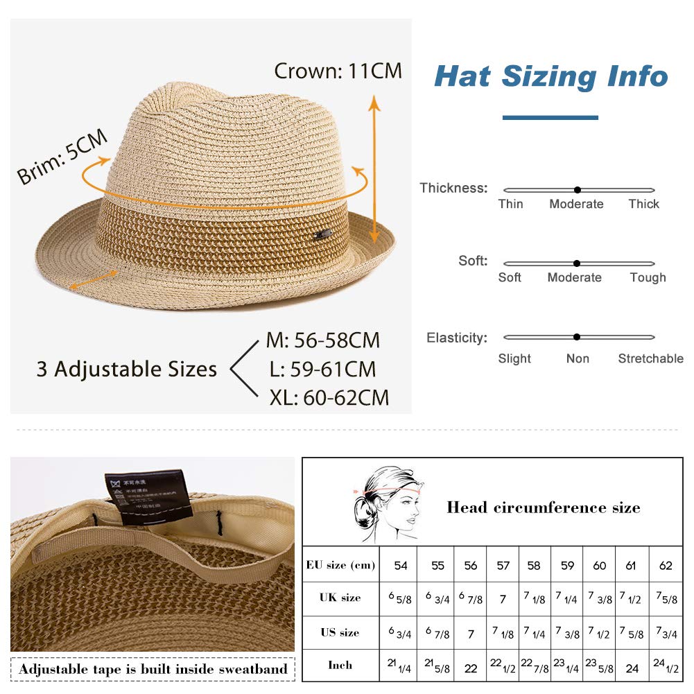 Fancet Extra Large XL Men Women Packable Straw Fedora Panama Sun Summer Beach Derby Hat Cuban Trilby Nature Beige