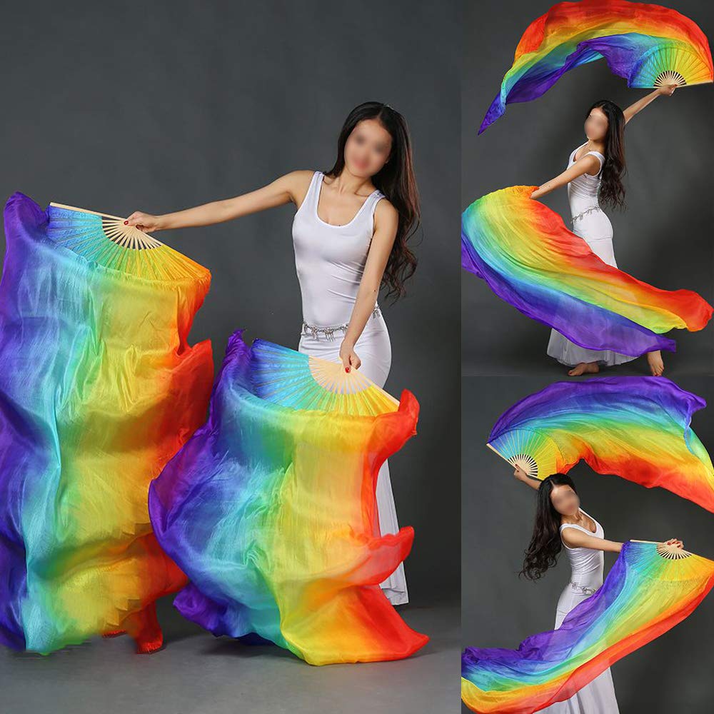 FOSER 1 Pair 1.8M Silk Belly Dance Fan, National Dance Dancing Long Bamboo Fan(Left + Right) (Gradual Blue)