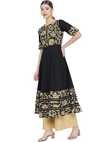 Yash Gallery Women's Cotton Floral Print Anarkali Kurta (Black)