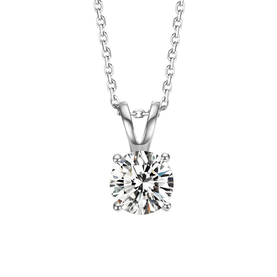 FANCIME 14k Solid White Gold Round 4 Prong 1 Carat Moissanite Simulated Diamond 6.5mm D-E Color VVS Clarity Pendant Necklace For Women, 16" + 2" Extender