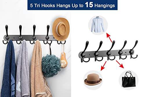 NearMoon Coat Rack Wall Mounted-2 Pack, Heavy Duty Bath Towel Hooks Stainless Steel Robe Hooks Holder, Metal Coat Hook for Towel Coat Hat Key Bathroom Bedroom Hotel Entryway (5 Hooks, Matte Black)