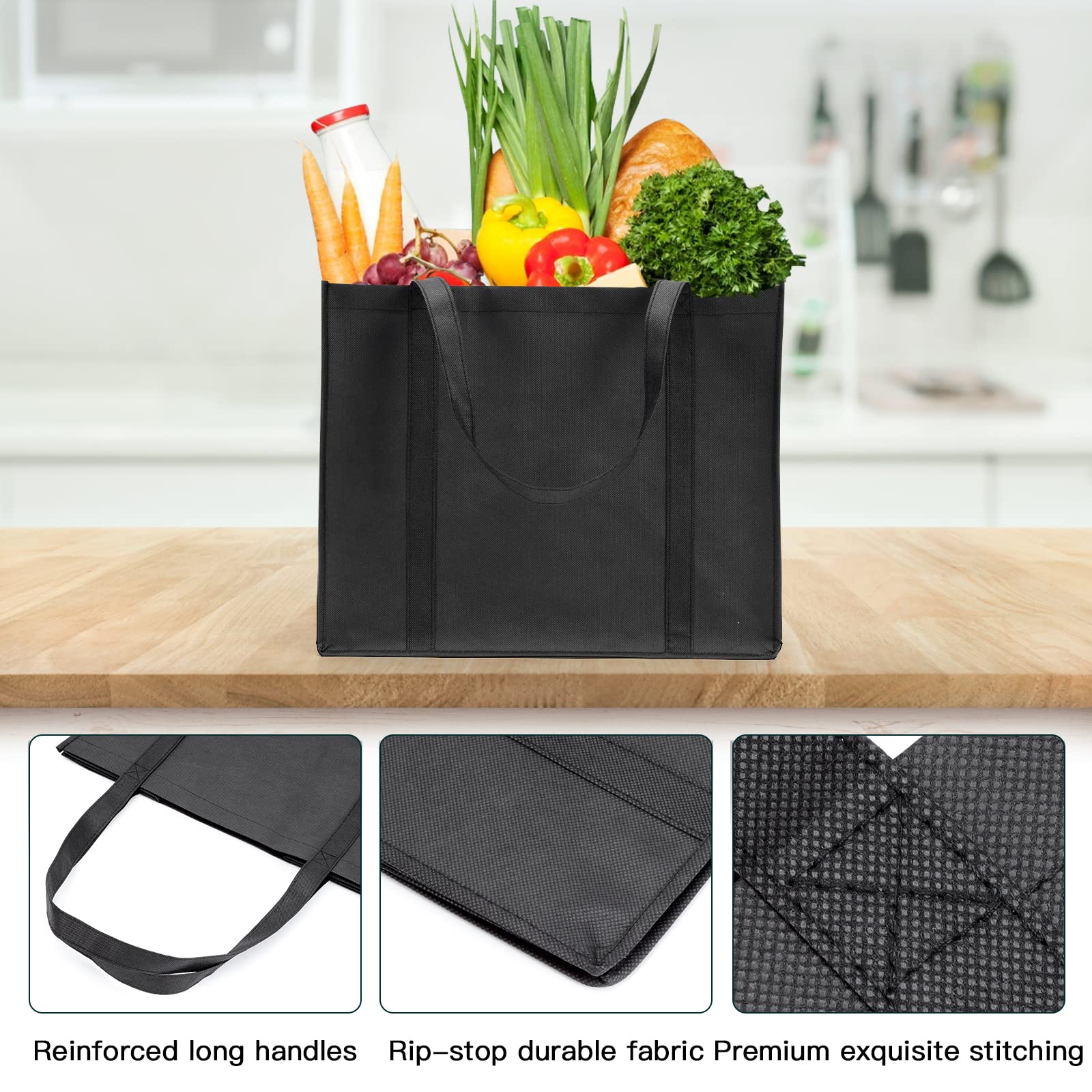 HECTOLIFE 20-Pack Reusable Grocery Bags,Large Washable Foldable Shopping Bags,Heavy Duty Tote Bags with Reinforced Handles(Black and Grey)