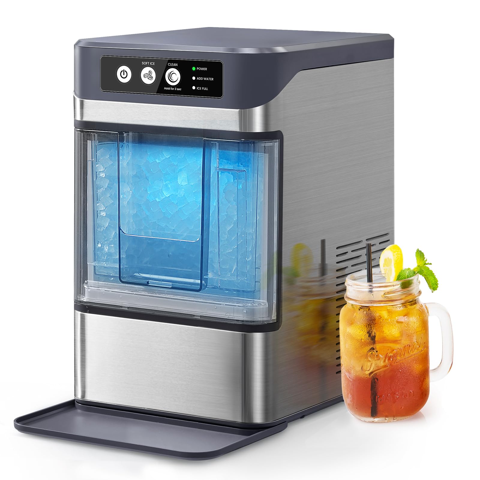 Nugget Ice Maker Coutertop,Chewable Soft Ice Maker Machine,Ready in 6 Mins,41Lbs per Day,Table Top Ice Cube Maker for Home, Self-Cleaning,Stainless Steel,Ideal for Parties, Kitchens, Bars, Offices