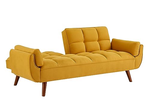 Verfur Upholstered Convertible Folding Sleeper Futon Sofa Bed with Adjustable Backrest, Modern 2 Seater Padded Loveseat Couch Sofabed with Rubber Wood Legs and Arm Pillows for Living Room, Bedroom