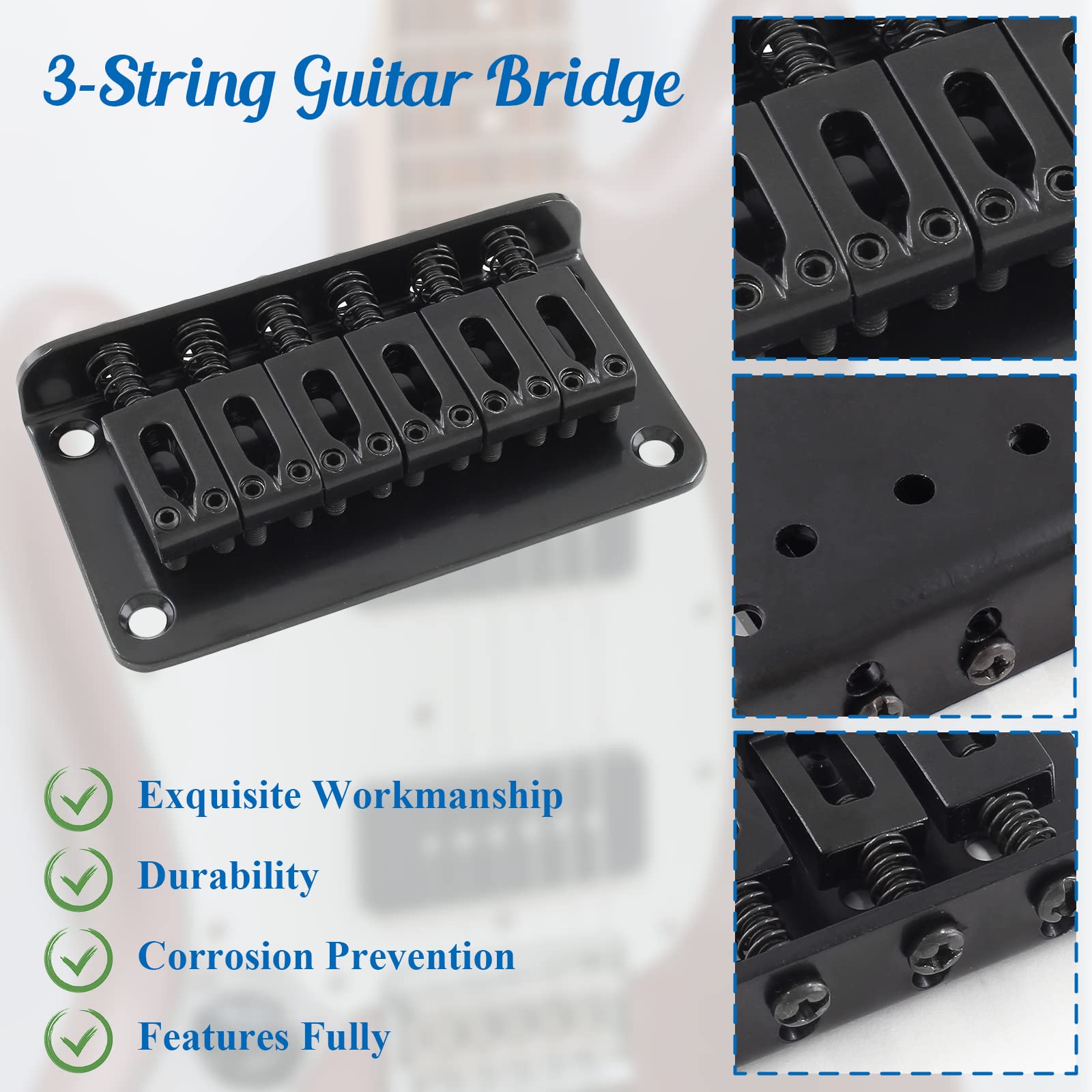 HARSKIYER Black Adjustable 6 String Guitar Bridge, Metal Fixed Top Load Guitar Tailpiece Guitar Fixed Bridge Hardtail Saddle Bridge Guitar Parts for 6 String Guitar