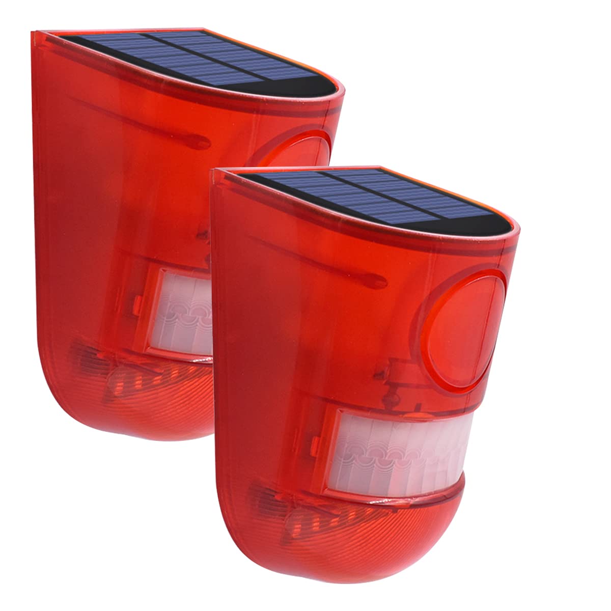 LEDHOLYT 2Pcs Solar Strobe Light with Sound, Wall Mounted Outdoor Motion Red Sensor Alarm,4 Mode IP65 Waterproof Motion Flashing Sensor Siren 129db Warning Sound for Home Fence Farm Yard Garage Barn.