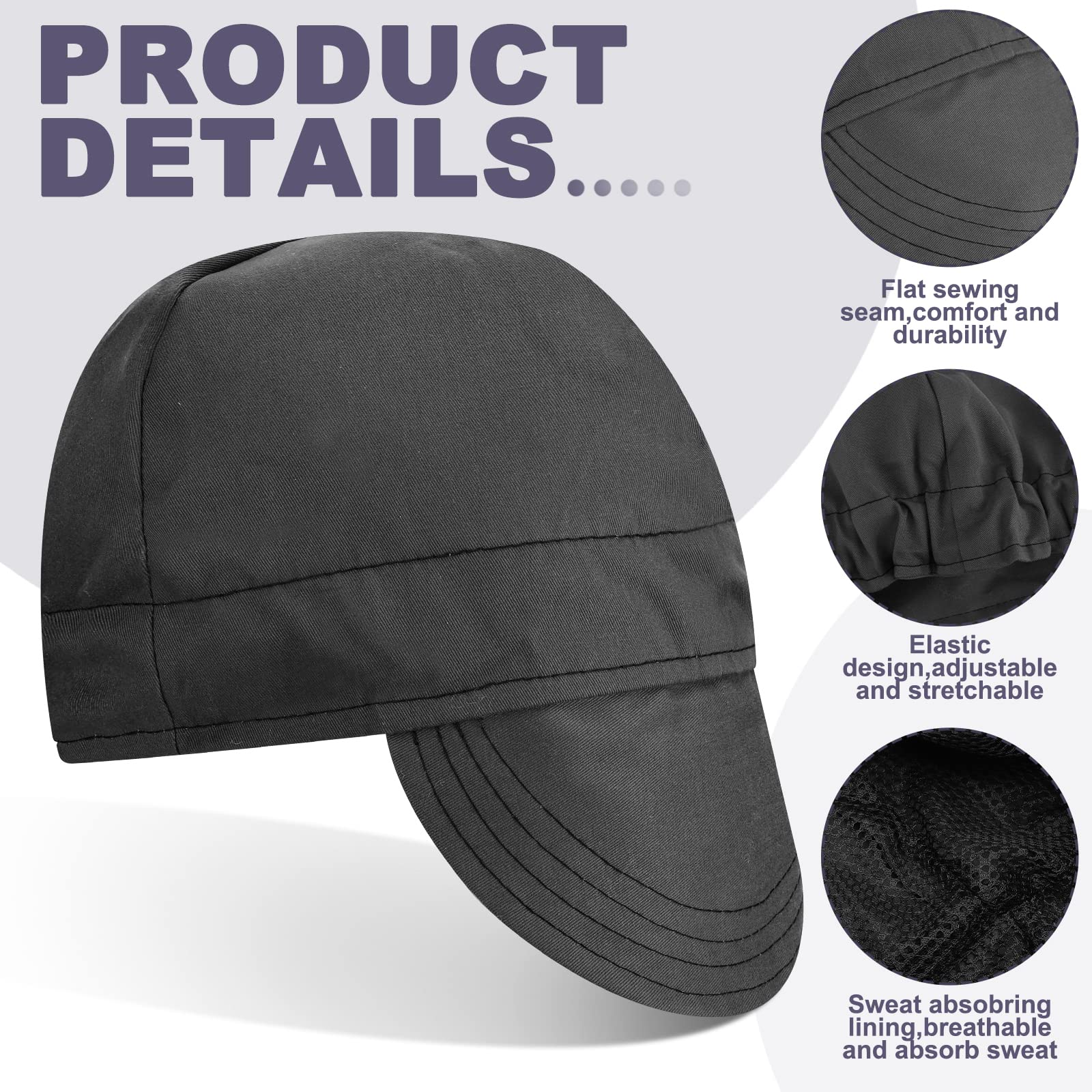 Janmercy 2pcs Welding Caps for Men Flame Resistant Cotton Welding Hat Welder Caps Mesh Inside Liner Elastic Low Crown (Black Gray)