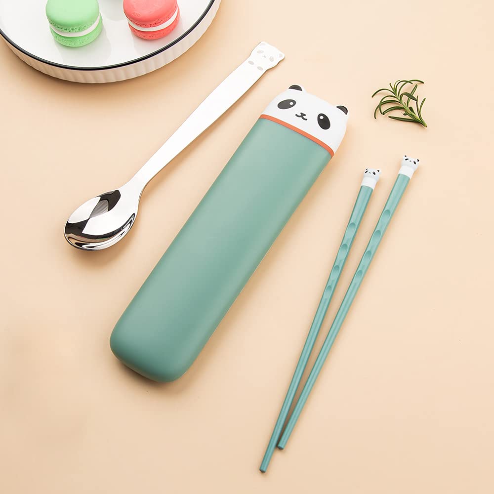 JinZu Portable Chopsticks Flatware Set, Silicone Lightweight Chopstick and Stainless Steel Spoon with Case, Reusable Portable Utensil for Camping,Traveling (Green)