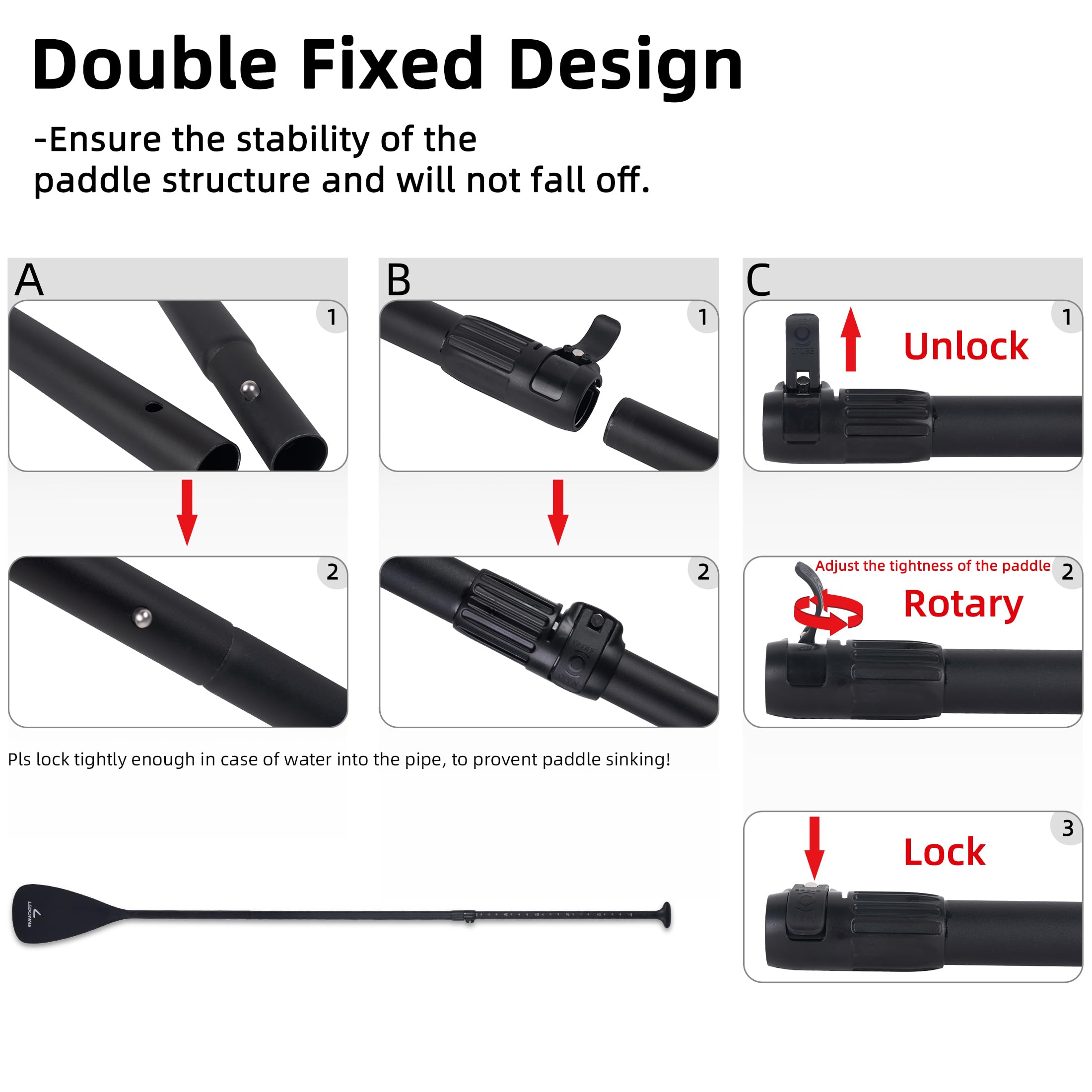 LEDONNE SUP Paddle 4-Piece Adjustable Stand Up Paddle Floating Lightweight Portable Kayak Paddle Paddleboard Oar with Aluminum Alloy Shaft, 2 Nylon Blades, Hook&Loop for Floating Water Sport, Black