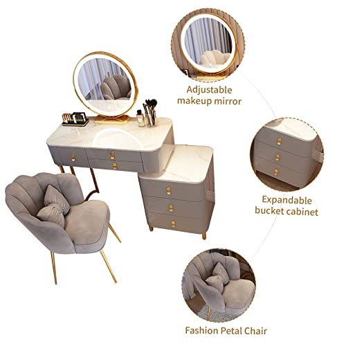 Women Dressing Table with Mirror and Lights,Makeup Vanity with 6 Drawers, Chair,Cabinet, Vanity Mirror with 3-Color Touch Screen Lighted,Makeup Desk for Bedroom (Gray, 47inch)