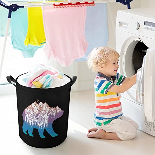 Mountain Bear Laundry Basket Round Collapsible Storage Bin with Drawstring and Handle for Bedroom Bathroom Toys Room 17.3" X 13.8"