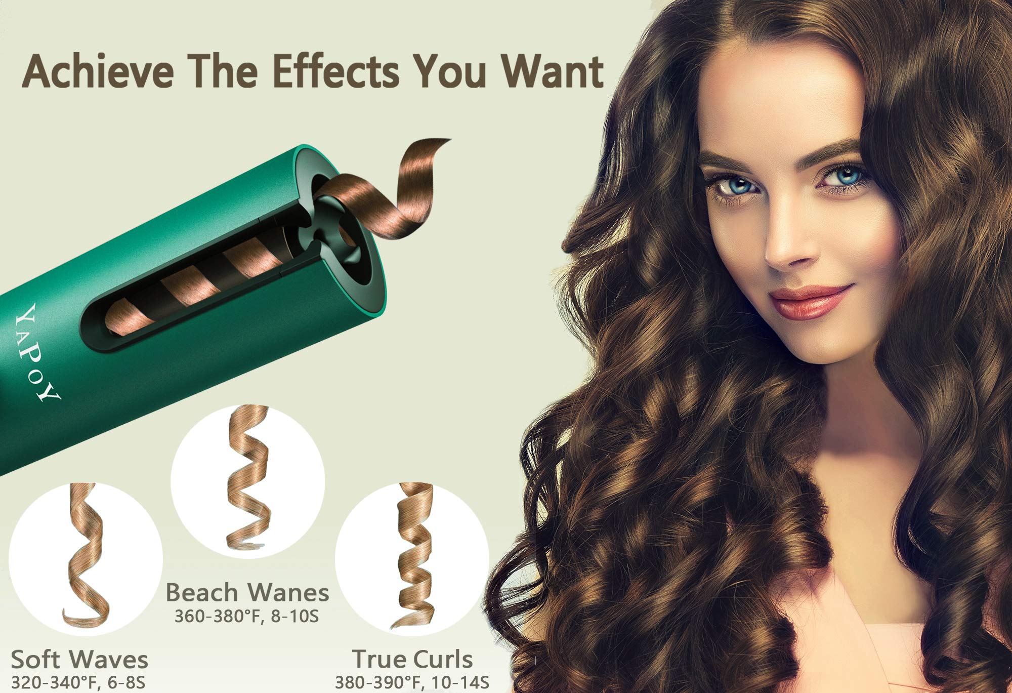 Hair Curler Cordless Automatic Curling Tongs with Rechargeable Battery Heat Isolating Chamber LCD Display 5 Kinds of Temperature Control & Timer Settings