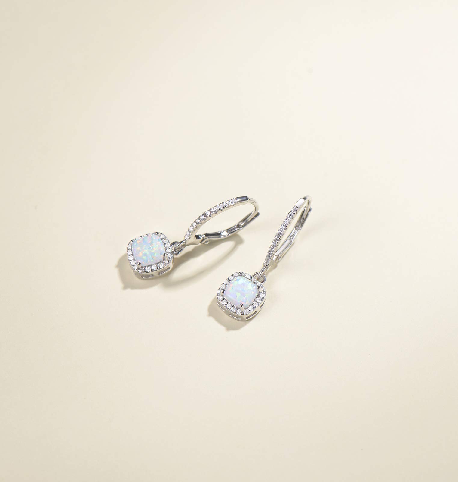 FANCIME Lever Back Earrings Created Opal October Birthstone Earrings Sterling Silver White Fire Opal Halo Cubic Zirconia Square French Back Earrings Jewelry for Women