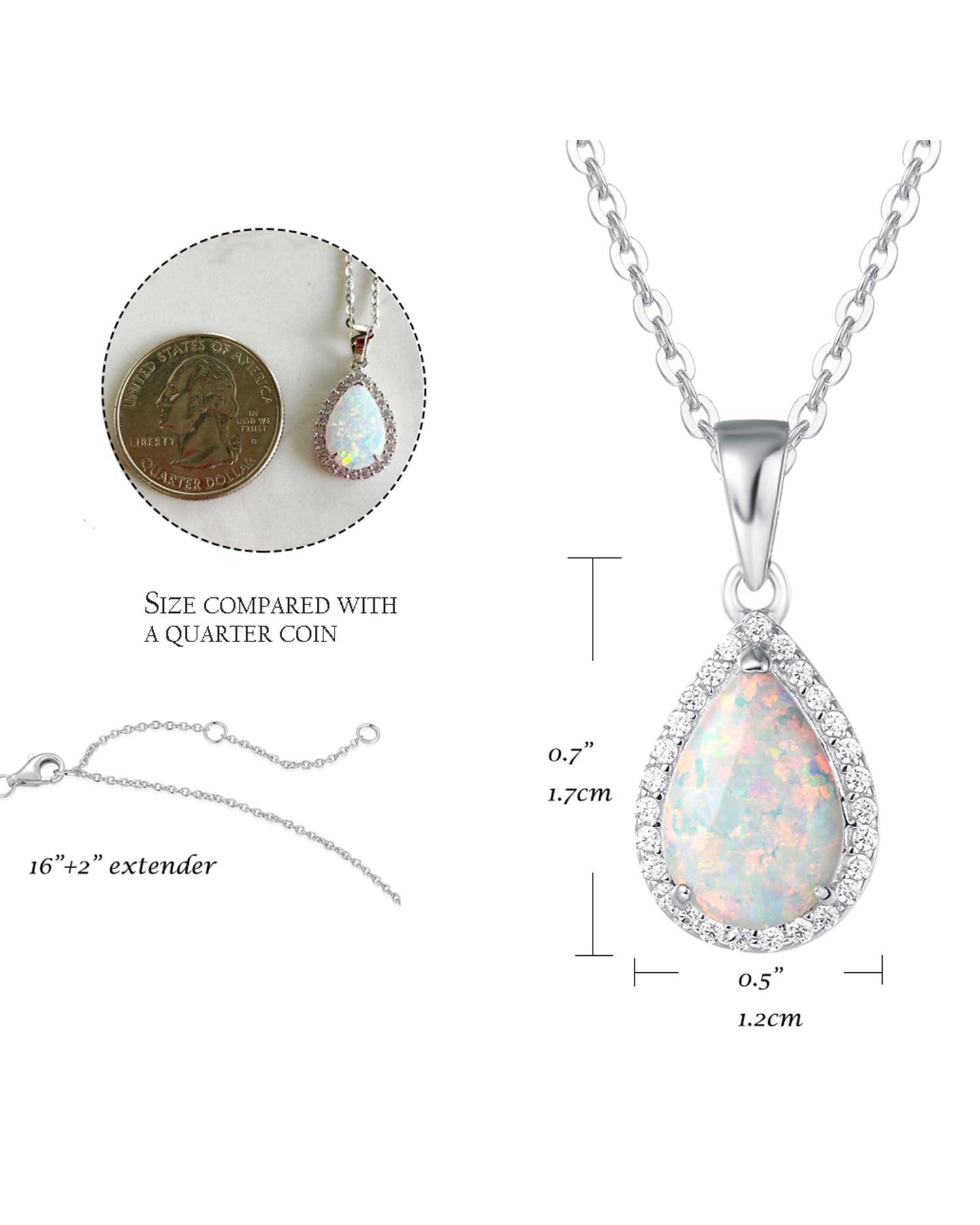 FANCIME Sterling Silver Opal Necklace White Fire Opal Halo Waterdrop Teardrop Pear Shape Opal Pendant October Birthstone Necklace Jewelry for Women 16β+2β