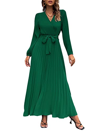 Women's Elegant Wrap V Neck Lantern Sleeve Belted Pleated Flowy Maxi Long Dress Wedding Guest Dress