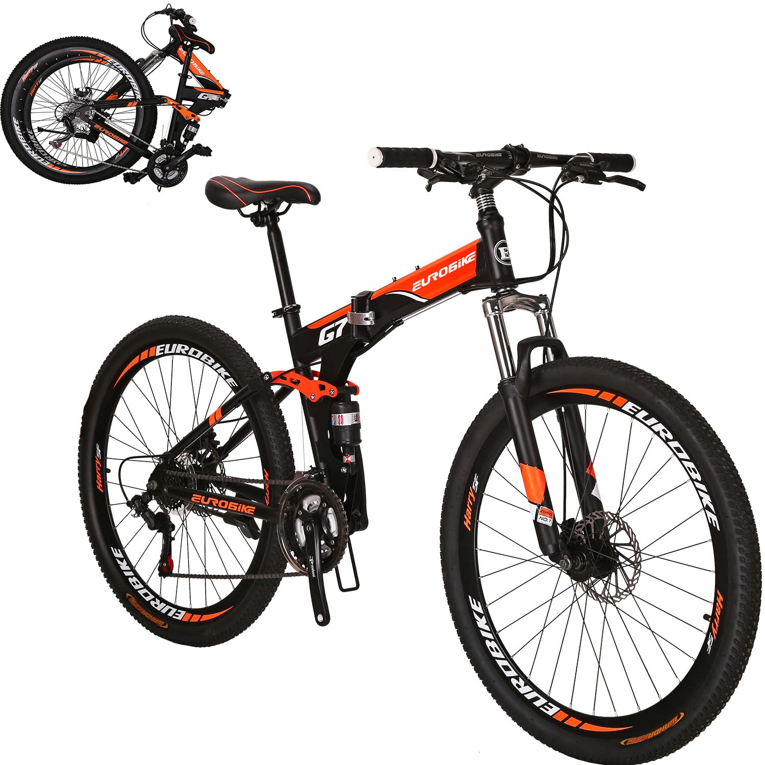EUROBIKE Folding Mountain Bike 21 Speed Full Suspension Bicycle 27.5 inch MTB (Orange)