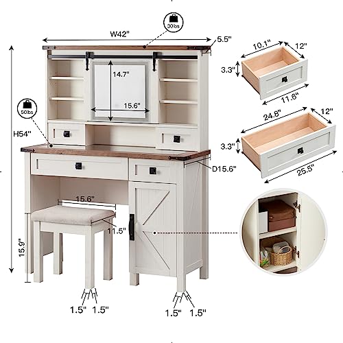 T4TREAM Farmhouse Makeup Vanity Desk with Sliding Mirror and Lights, 42'' Glass Tabletop Vanity Table with 2 Drawers & Shelves, Rustic Big Vanity Set for Bedroom, Stool Included, Antique White