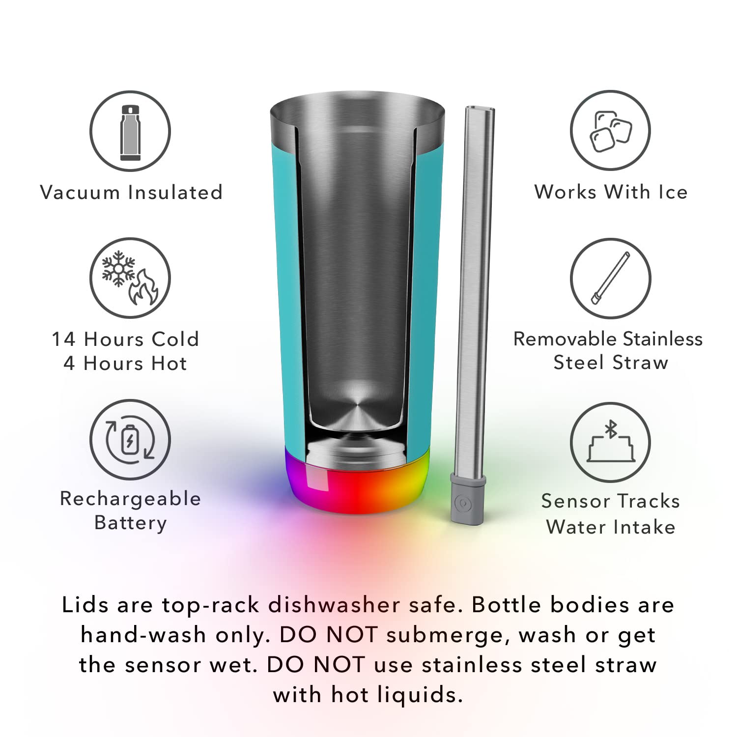 Hidrate Spark PRO Smart Tumbler with Lid & Straw β Insulated Stainless Steel β Tracks Water Intake with Bluetooth, LED Glow Reminder When You Need to Drink β 20oz, Sea Glass