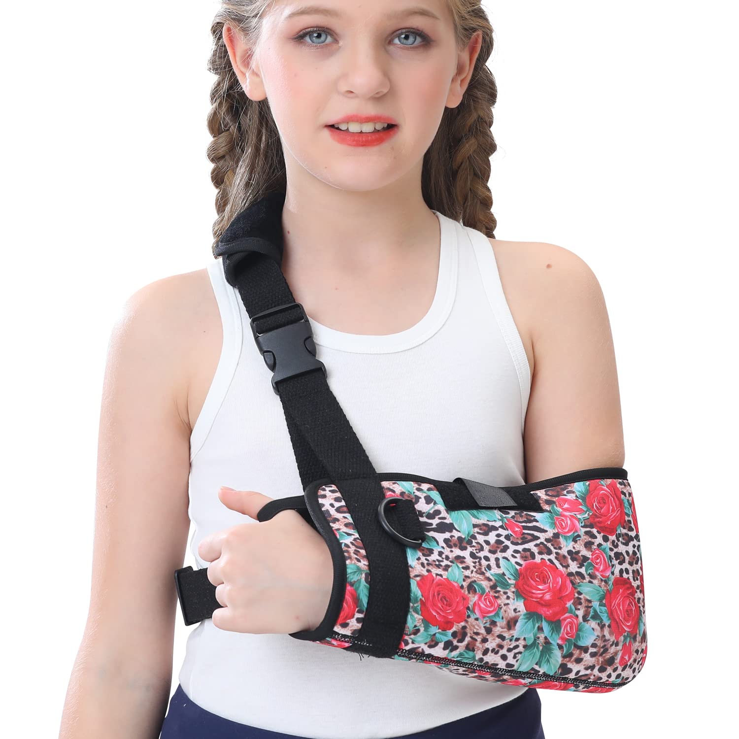 Fotgok Foam Arm Sling Shoulder Sling with Waist Strap Elbow Brace Support Shoulder Immobilizer for Shoulder Injury for Kids, for Broken, Dislocated, Fracture, Red Rose Leopard, Large