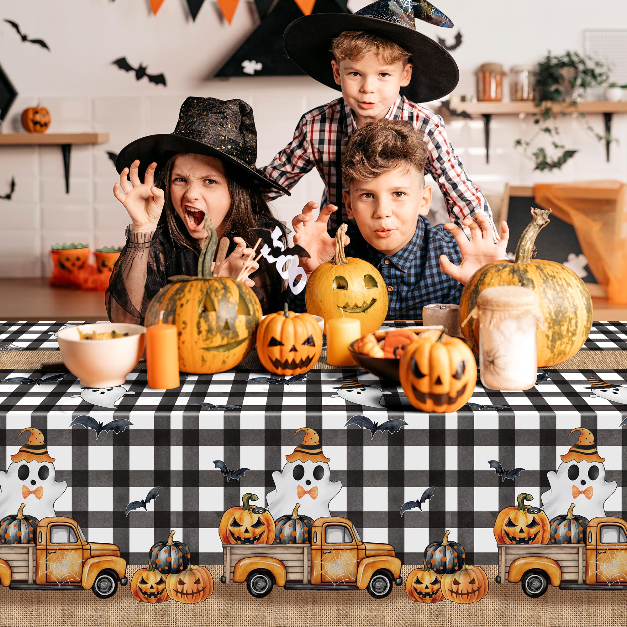 Haooryx 3 Packs Halloween Party Little Boo Tablecloth Decoration Set, Cute Ghost Bat Pumpkin Disposable Plastic Tablecloth, Cartoon Plaid Table Cover for Halloween Table Decor Party Supplies