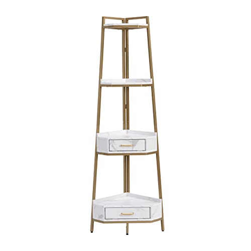 Scoomor Corner Shelf 4 Tier with Drawers, Modern Corner Bookshelf, Free Standing Storage Rack, Plant Stand for Living Room, Home Office, Kitchen, Small Spaces, 72.64ββ Tall (Gold)