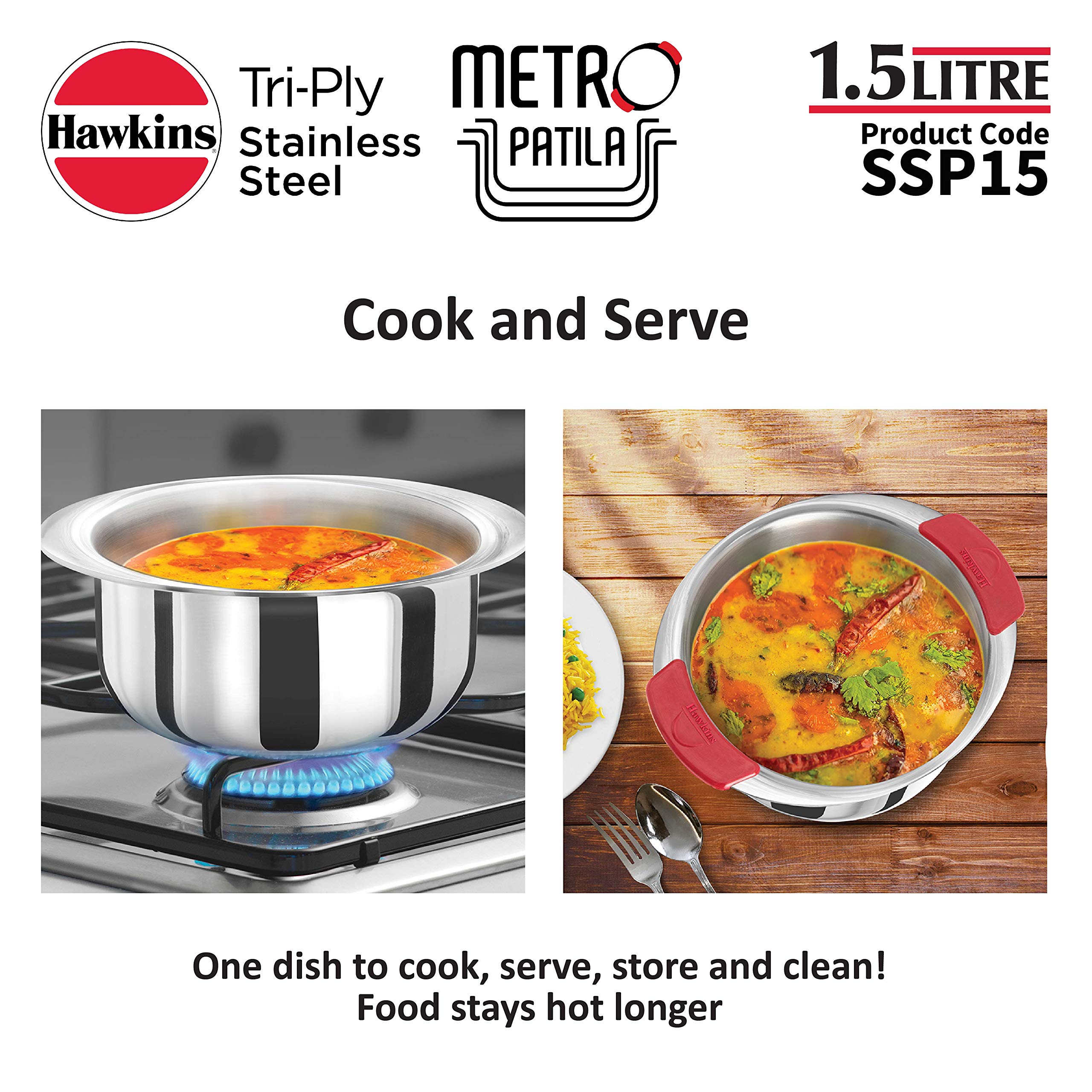 Hawkins 1.5 Litre Metro Patila, Triply Stainless Steel Tope, Induction Bhagona, Tapeli, Silver (SSP15)