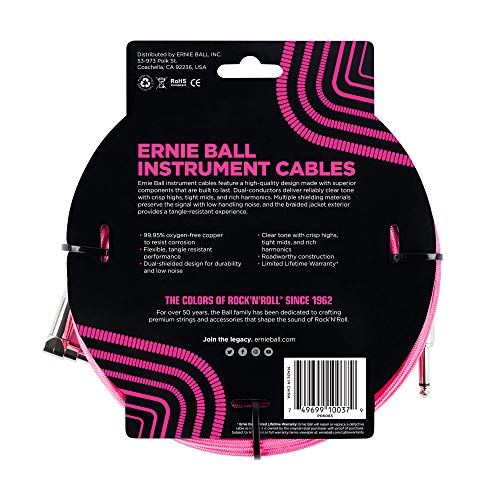 Ernie Ball Braided Instrument Cable, Straight/Angle, 18ft, Neon Pink (P06083)
