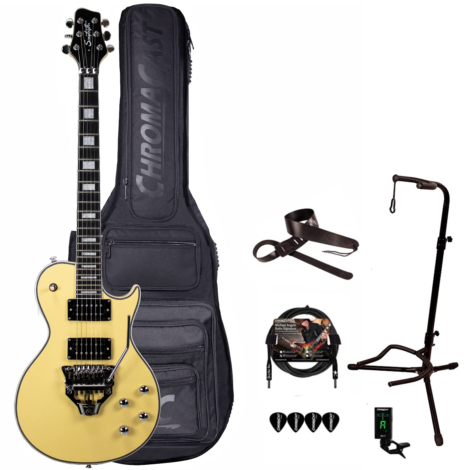 GoDpsMusic 6 String Sawtooth Heritage 24 Fret Guitar with Floyd Rose FRX System, Gig Bag, Right, Antique White with Accessories (ST-H70-FRX24-ATQWH-KIT)