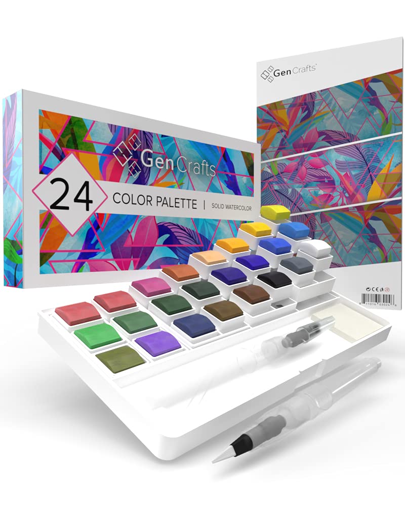 GenCrafts Watercolor Palette with Paper Pad 24 Premium Colors - 2 Refilable Water Brush Pens - 15 Sheets of Water Color Paper - Portable Painting