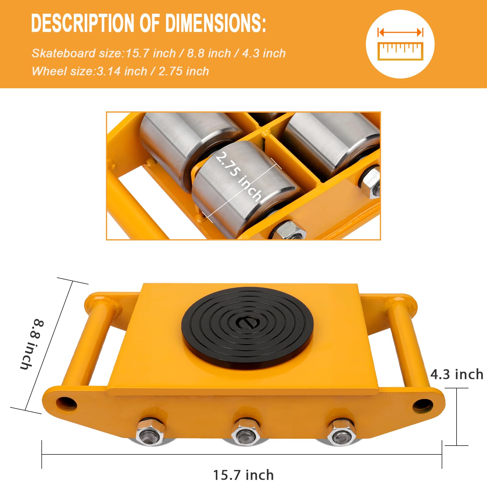 FAHKNS Machine Skates 17600 LBS, 360° Rotation Disc Machinery Moving Skate with 6 Steel Rollers, Heavy Duty Industrial Machinery Mover Skate for Warehouse, Workshop Moving Equipment, Yellow