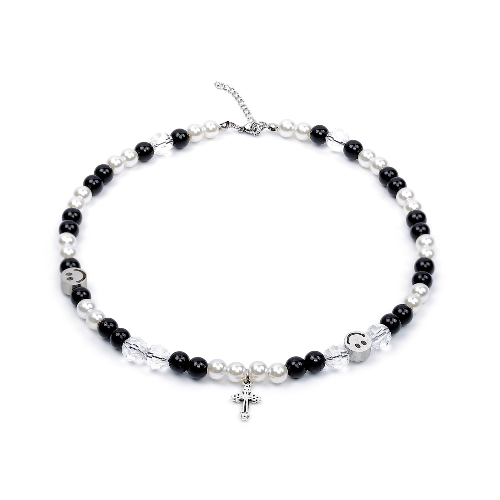 FLYEMMET Gothic Cross Charm Pendant Necklaces Y2k Fashion Black Beads Pearls Chain Choker Necklace for Women Men Jewelry Gifts (Smiley Face Beads)