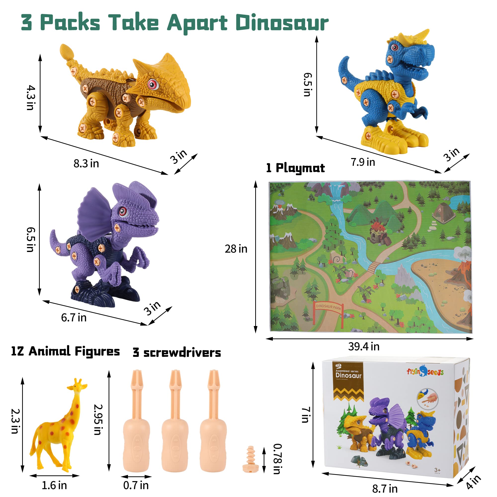 FLYINGSEEDS Take Apart Dinosaur Toys Playset for Kids Age 3 4 5 6 7 8 Year Old, STEM Learning Educational Building Construction Set with Activity Play Mat & Wildlife Figures for Toddlers Boys