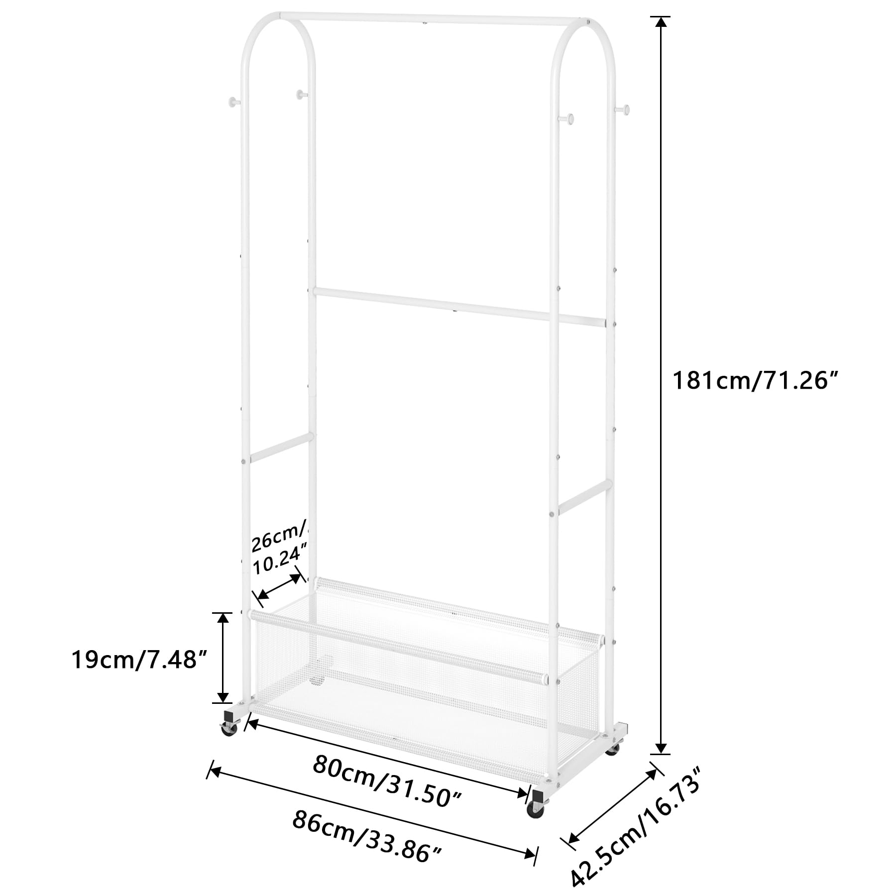 MOYIPIN Double Rods Clothing Rack with Wheels,Clothing Rack for Hanging Clothes Coat Scarves Bags,Multi-functional Bedroom Garment Rack,4 Hooks,White