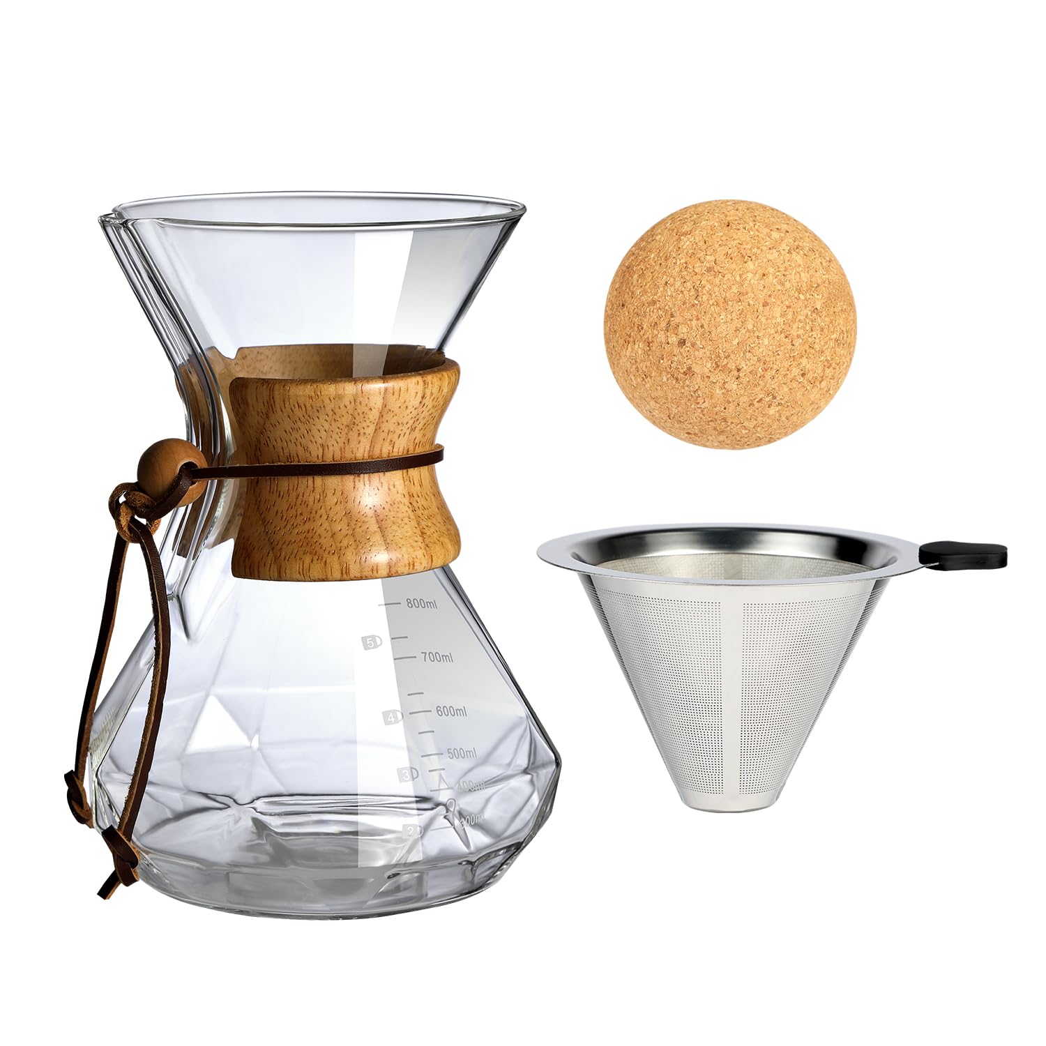HYAXGM Pour Over Coffee Maker With Wood Sleeve,27oz/800mlPour Over Coffee Dripper,Pour Over Coffee Maker Set With Cork Stopper (27oz/800ml)