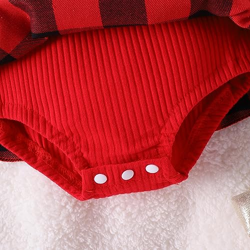 Mialoley Baby Girl Long Sleeve 2 Piece Outfit Knit Lace Patchwork Sweet Romper Dress Bowknot Plaid Bodysuit with Headband (Red, 9-12 Months)