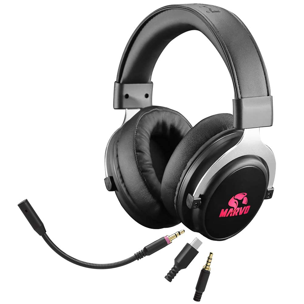 Gaming Headset, MARVO 7.1 Surround Sound PC Headset for Laptops, Phone, Pad, and Gamer, Noise Cancelling, USB + 3.5mm Jack, Memory Foam Ear Pads RGB Lights for PC, PS4, PS5, Xbox One, Switch -Black