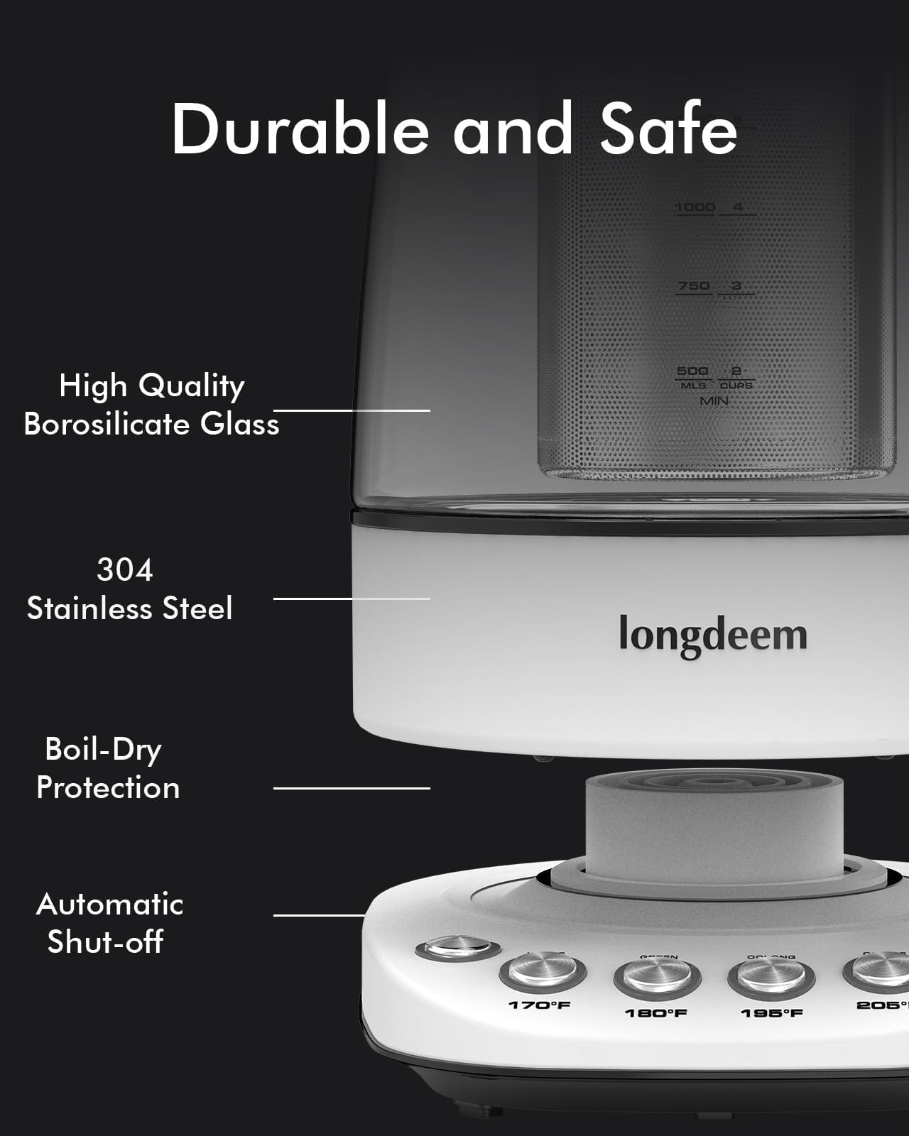 LONGDEEM Electric Glass Tea Kettle with Infuser, 1.7L Fast Boiling, Stainless Steel, Temperature Control Tea Maker, Non-BPA - Easy Lid Removal & Keep Warm Feature, White