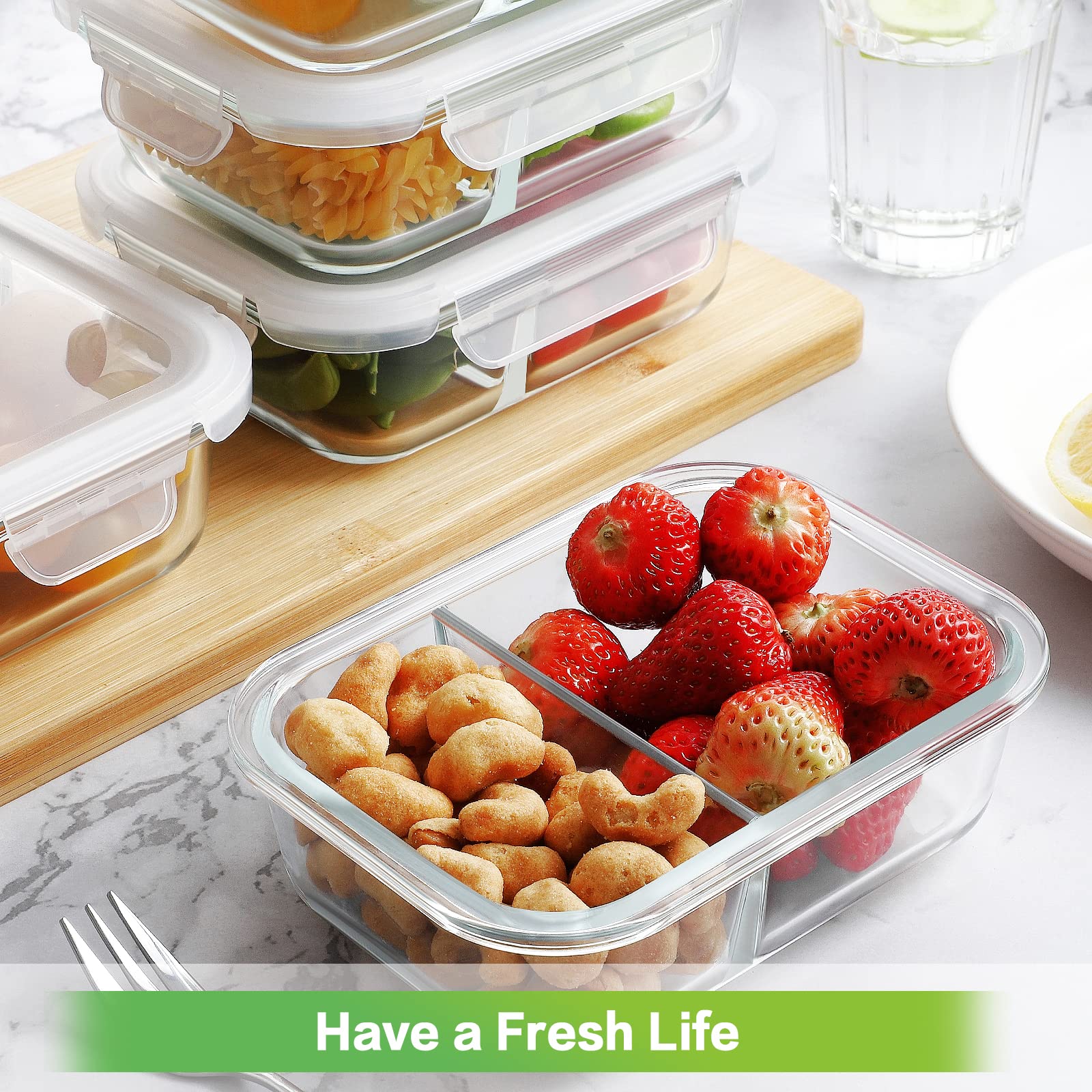 HOMBERKING 10 Pack Glass Meal Prep Containers 2 Compartment, Food Storage Containers with Lids, Airtight Lunch Bento Boxes (10 lids & 10 Containers) - White