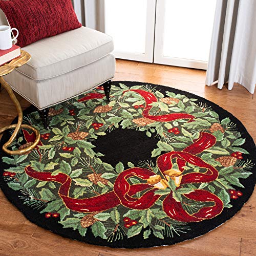 SAFAVIEH Vintage Poster Collection Area Rug - 6' Round, Black & Green, Handmade Christmas Wreath Novelty Wool, Ideal for High Traffic Areas in Living Room, Bedroom (VP323A)