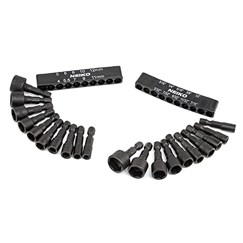 NEIKO 10068A Nut Driver Set, For Impact Drill and Driver, 20 Piece, 1/4β Hex Small Nut Driver Bit Set, Metric and Standard, 4-12 mm & 5/32β-1/2β, CR-V Steel, Nutsetter Driver Bits