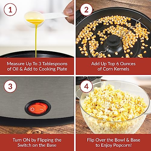 Nostalgia 6-Quart Stirring Popcorn Popper With Quick-Heat Technology, Makes 24 Cups of Popcorn, Kernel Measuring Cup, Oil Free, Makes Roasted Nuts, Perfect for Birthday Parties, Stainless