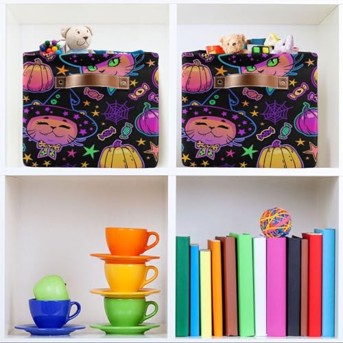 Halloween Black Cat Stars Storage Basket Bins Sturdy Toy Storage Organizer Bins Laundry Basket with Handles for Living Room Clothes Nursery Closet Shelf Playroom,1 pcs