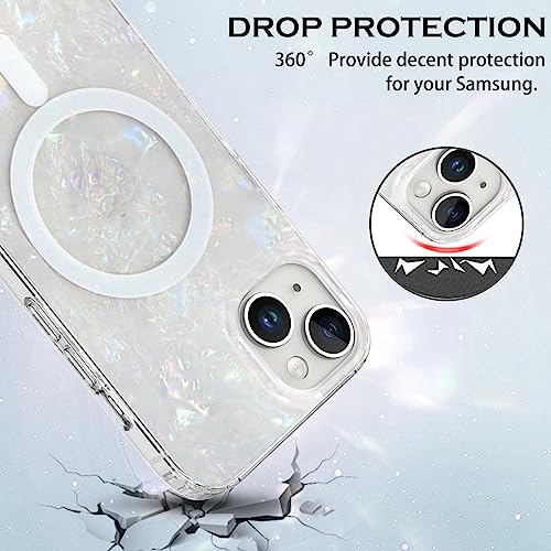YINLAI Case for iPhone 14 / iPhone 13 [Compatible with MagSafe] Magnetic Slim Glitter Bling Sparkly Pearl Mother-of-Pearl Seashell Women Girly Soft Shockproof Protective Phone Cover 6.1 Inch, White
