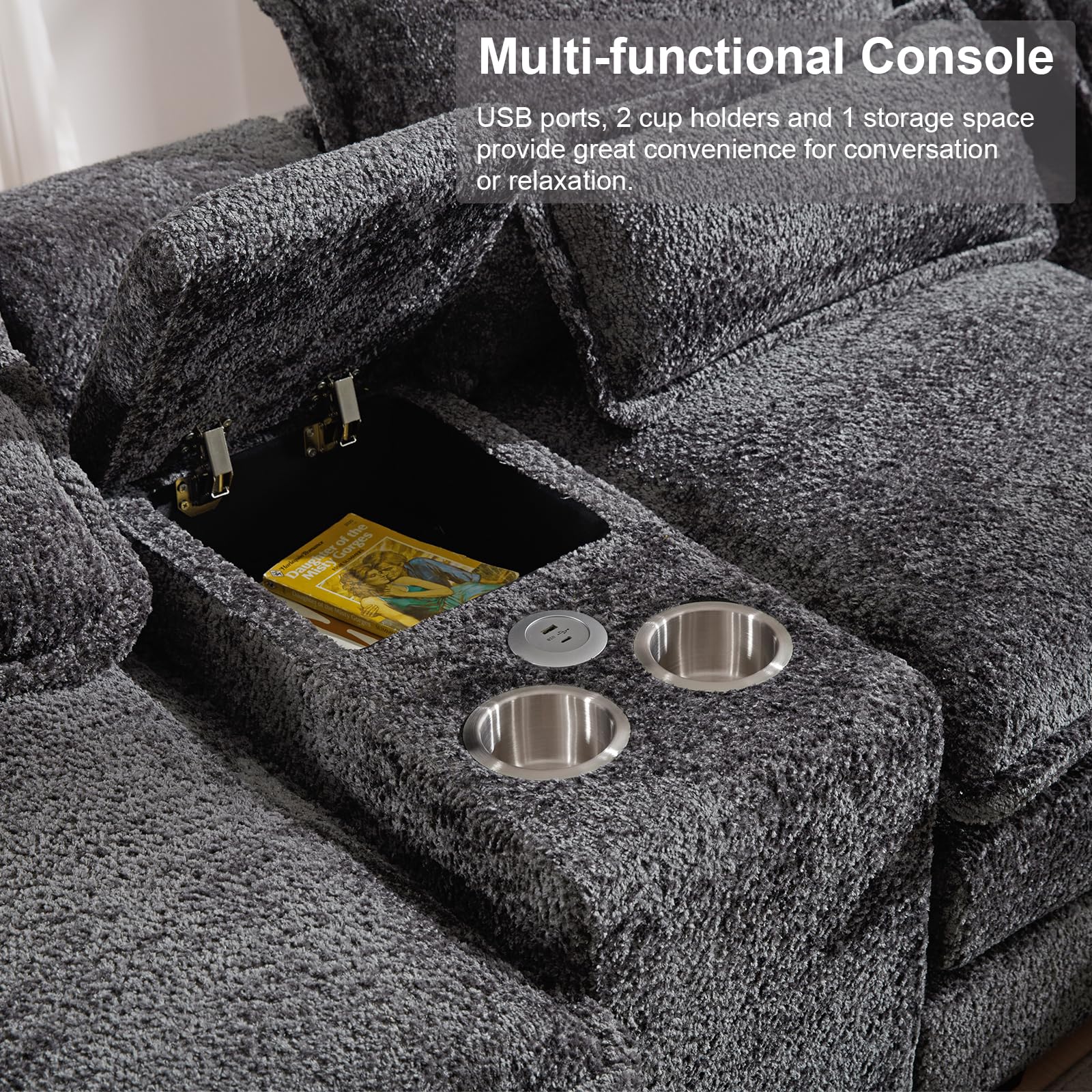 KIVENJAJA 123β Modular Sectional Couch with Console, Cup Holders and USB Ports, Modern U-Shaped Cloud Sofa w/Double Chaise & Deep Seat for Living Room, Chenille, Grey