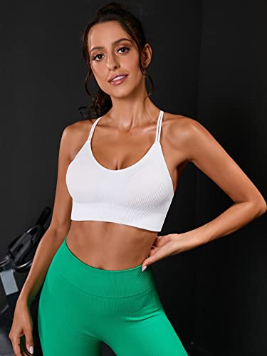 GORGLITTER Women's Strappy Sports Bra Criss Cross Back Bra Backless Removable Padded Yoga Crop Top White Medium