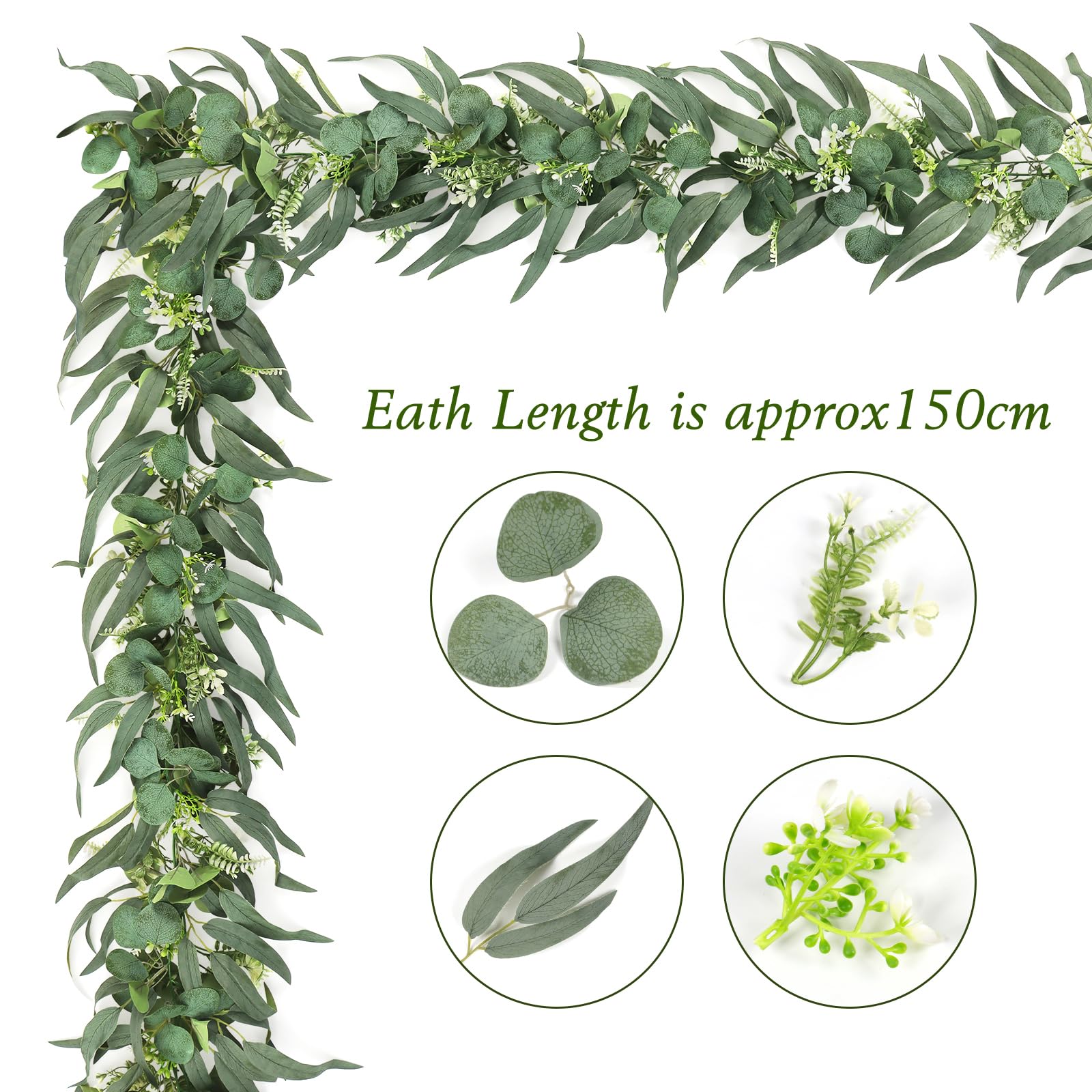 Dremisland Eucalyptus Garland with Long Willow Leaves 2 Packs 5.9Ft Silver Dollar Boston Fern Greenery Garland White Flowers Eucalyptus Vines for Wedding Party Mantle Table Runner Home Decor (4PCS)