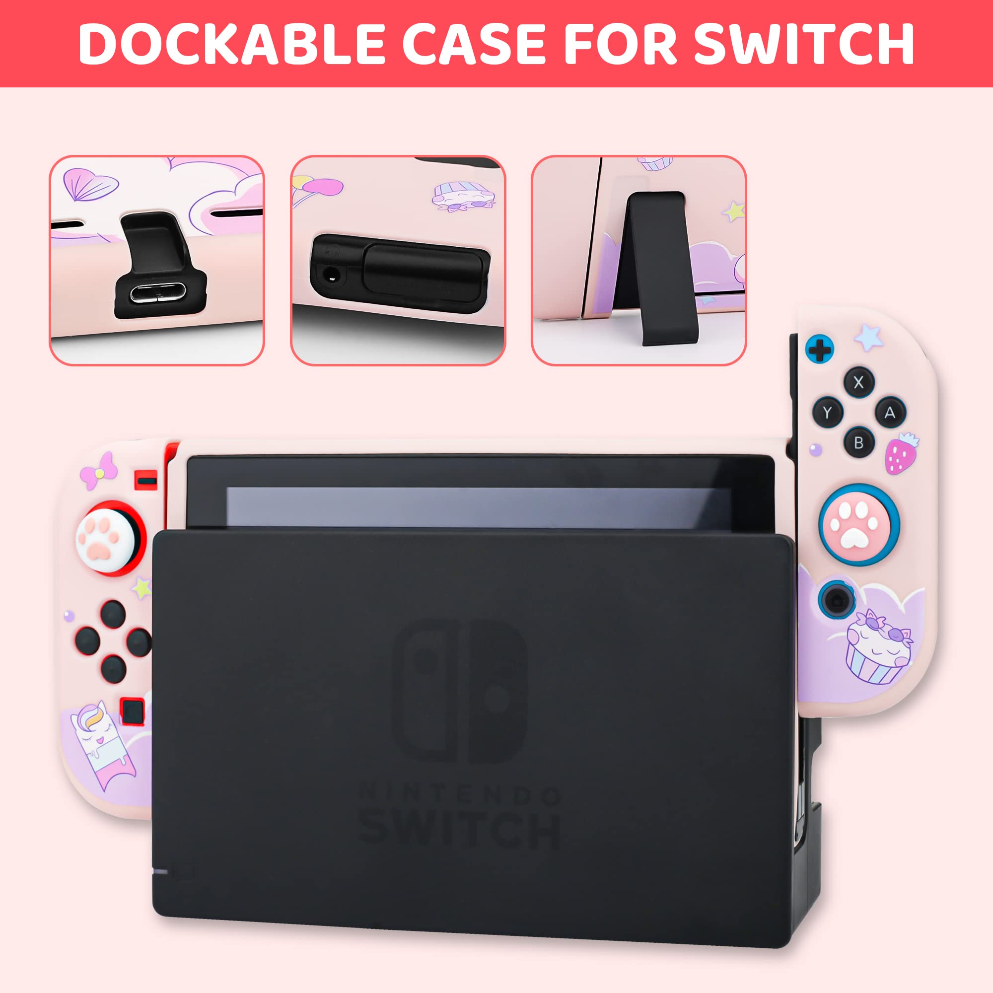 GLDRAM Unicorn Case for Nintendo Switch Accessories, Pink Carrying Case Bundle with Travel Bag, Soft TPU Cover, Screen Protector, Paw Thumb Grip Caps, Shoulder Strap, Cute Switch Kit for Girls