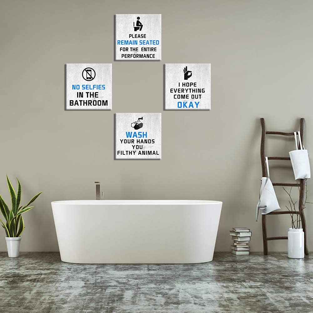 Funny Bathroom Signs Wall Decor Prints Framed Great Quotes and Sayings Canvas Wall Art Painting for Bathroom Decoration 4 Panels